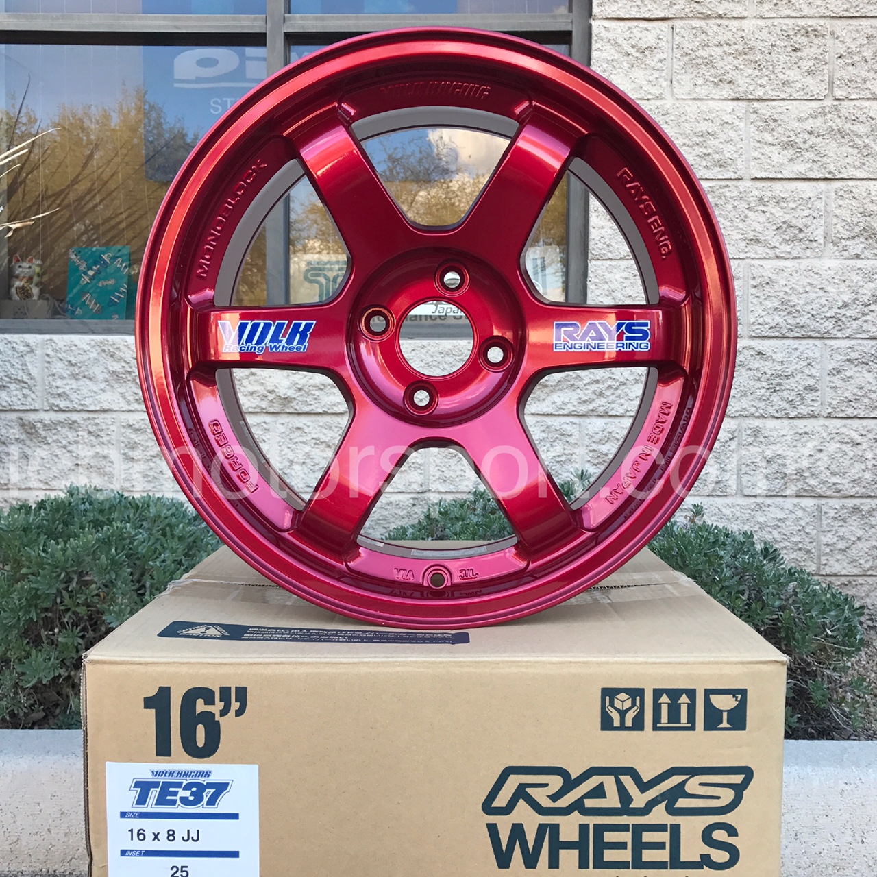 Rays Volk Racing TE37 Wheels 16X8 4X100 +25 Offset Hyper Red Concave Face